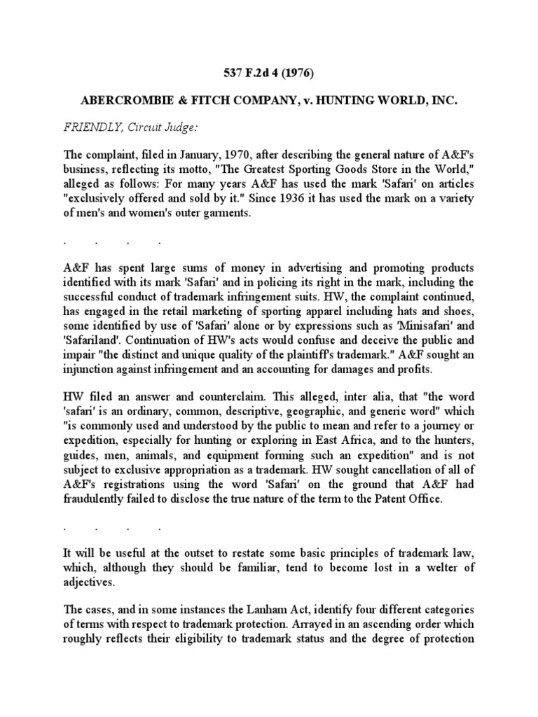 Abercrombie - Fitch Co. v. Hunting World, Inc. | PDF | Trademark ...