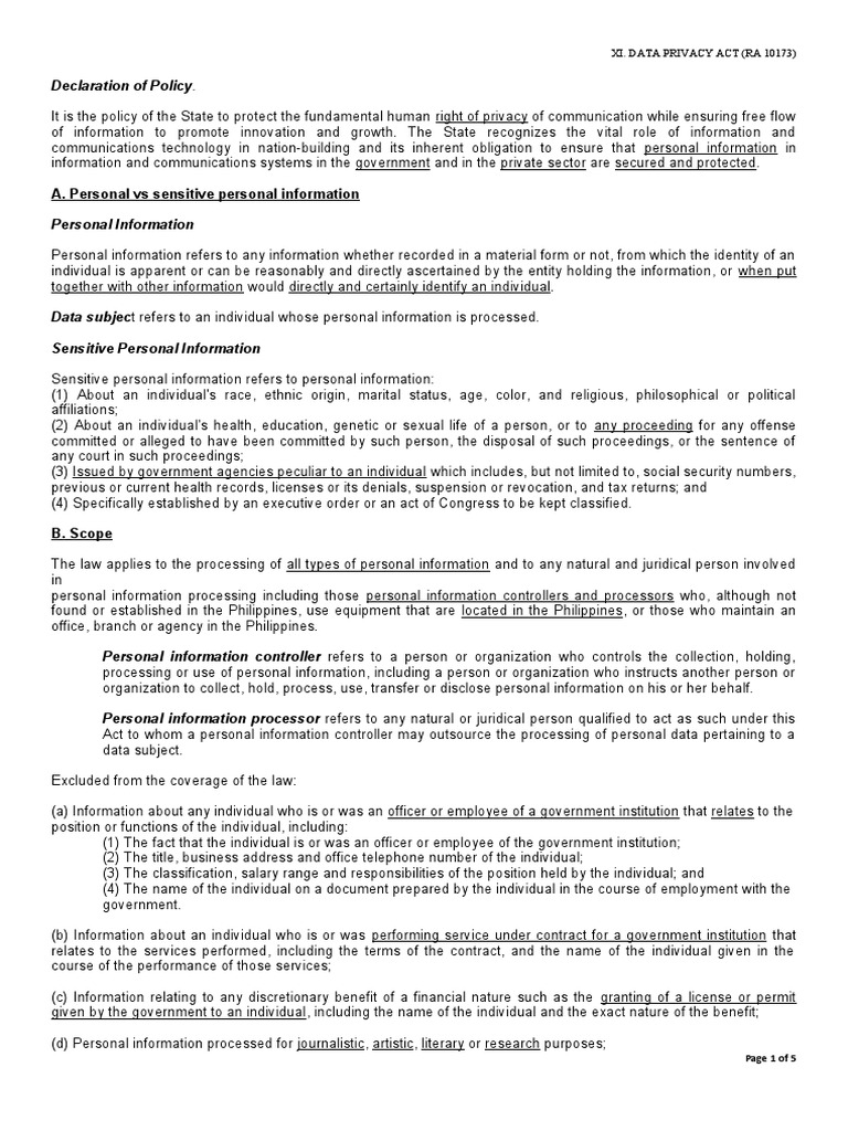 Overview of the Data Privacy Act RA 10173 | PDF | Privacy | Information ...