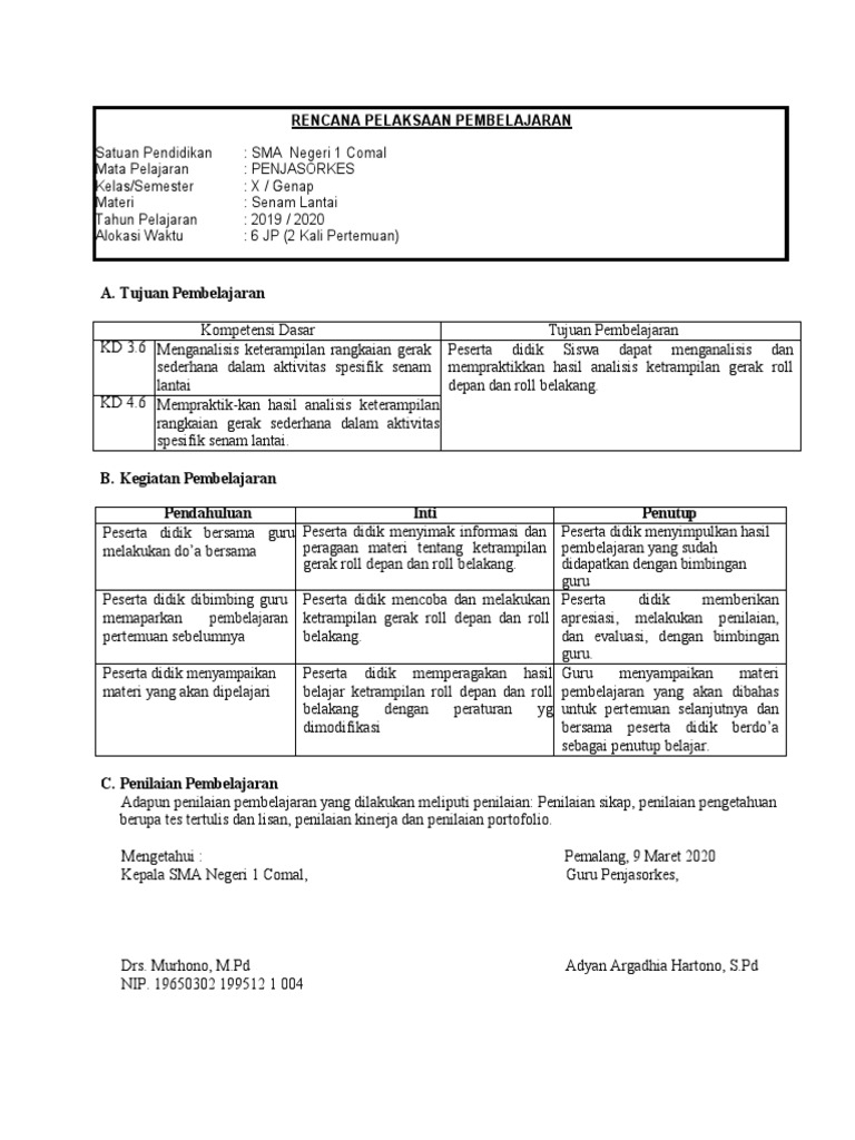 RPP SMA 1 Lembar 2020 Senam Lantai | PDF