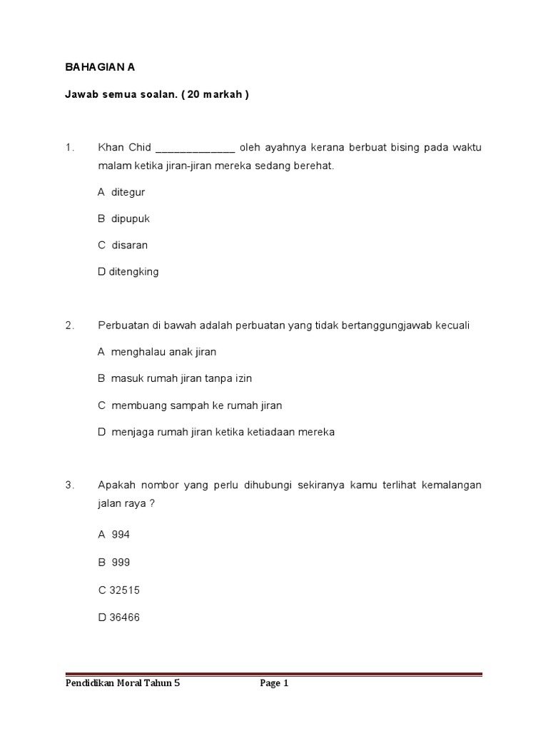 PAT 2018 Pendidikan Moral Tahun 5 | PDF