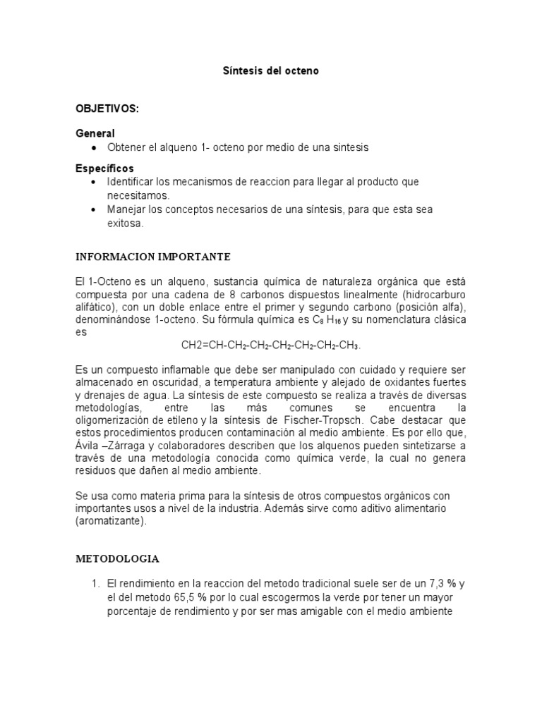 Síntesis Del Octeno | PDF | Reacciones químicas | Destilación