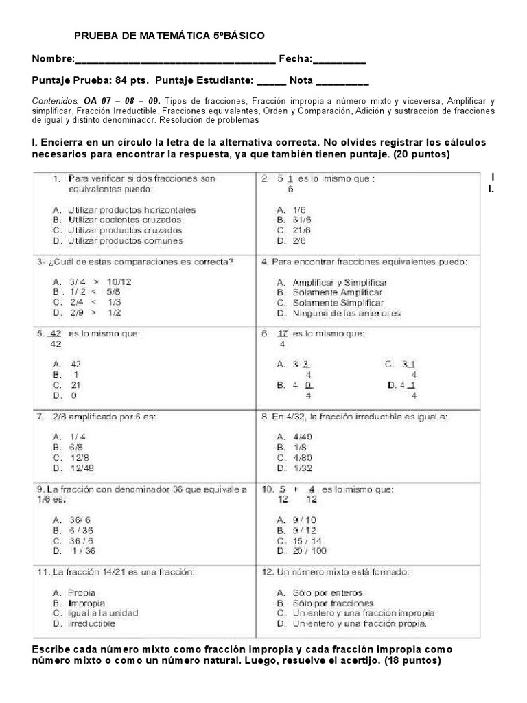 PRUEBA DE MATEMÁTICA 5ºBÁSICO Fracciones | PDF
