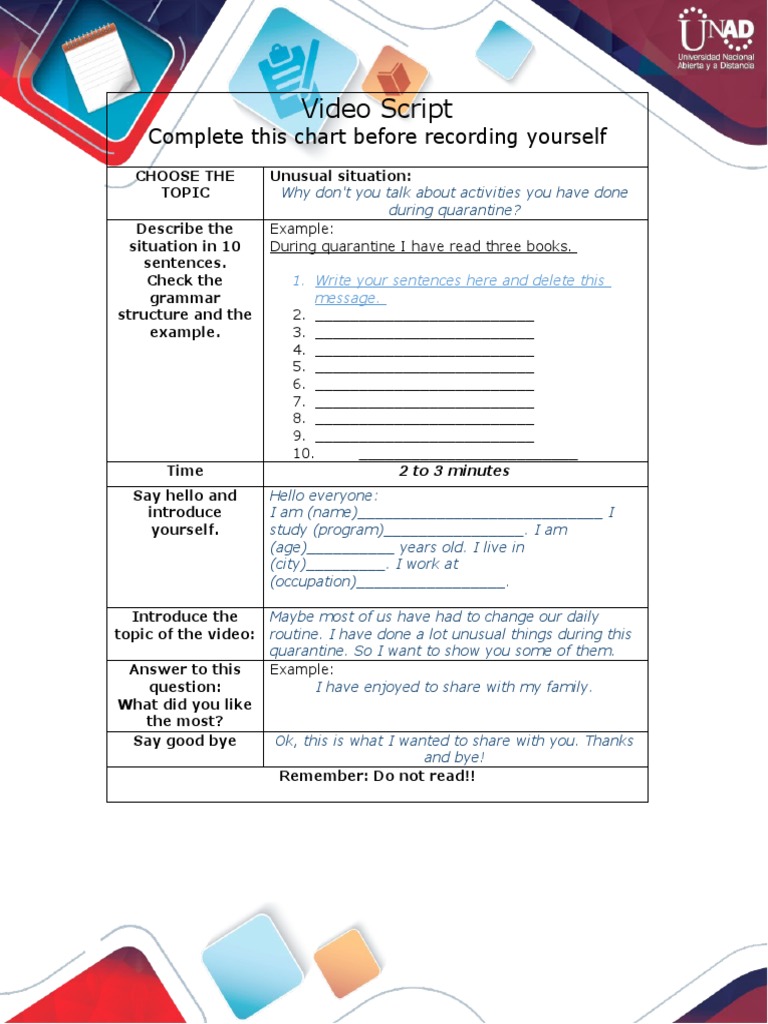 Video Script: Complete This Chart Before Recording Yourself | PDF