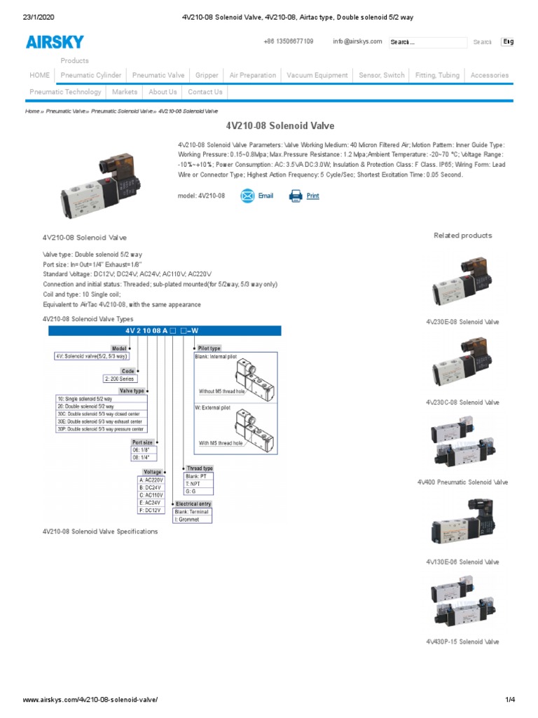 Airtac 4V210-08 Solenoid Valve Specs | PDF | Vacuum Tube | Valve