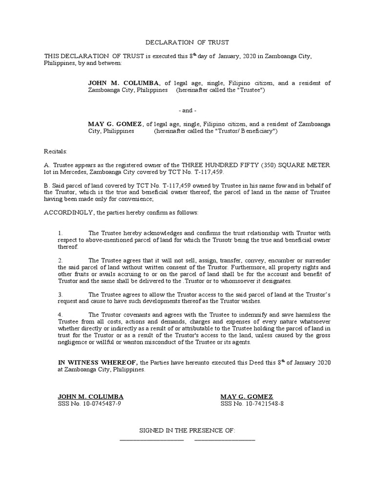 Declaration of Trust in Zamboanga | PDF | Settlor | Trustee