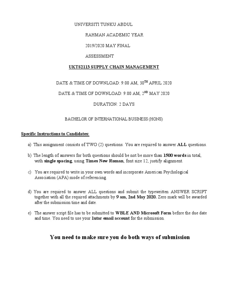 UKTS2113 Supply Chain Management Final Assessment Question Paper | PDF ...