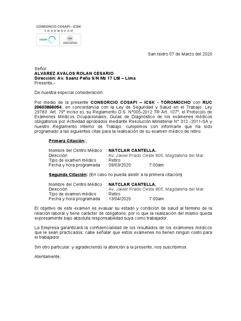 Formato de Carta de Programación de Emo de Retiro | PDF