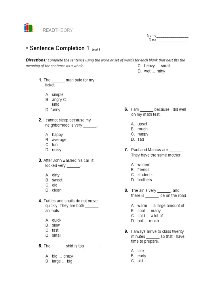 Sentence Completion 1: Directions | PDF