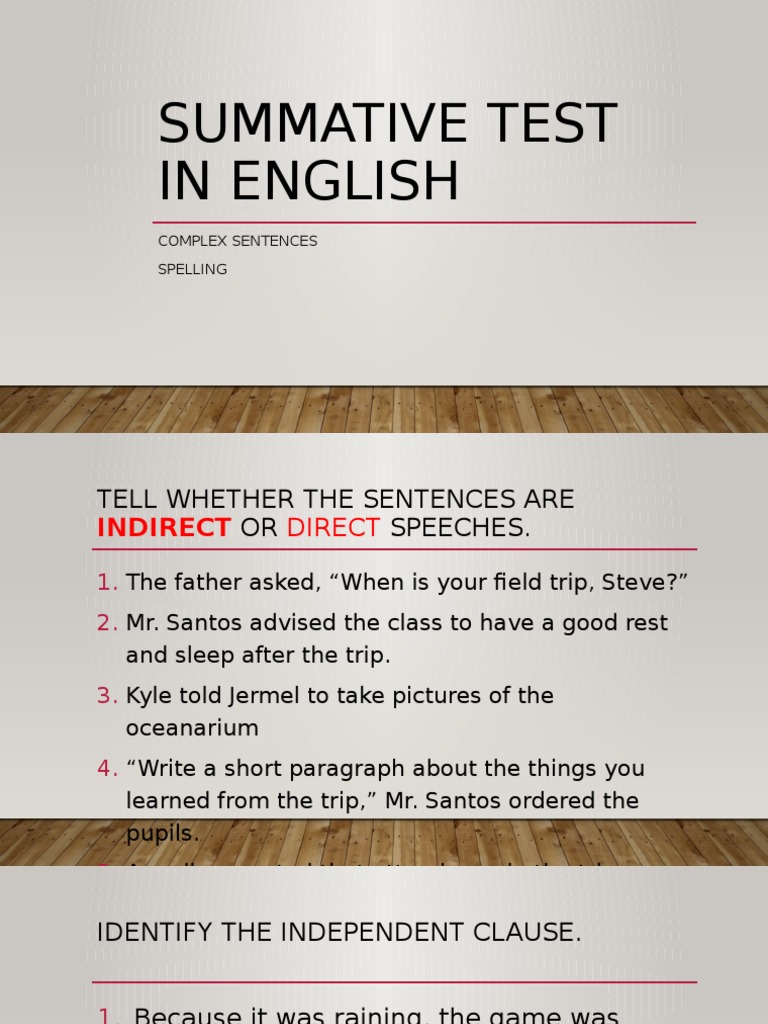 Summative Test in English - Spelling, Complex Sentences | PDF