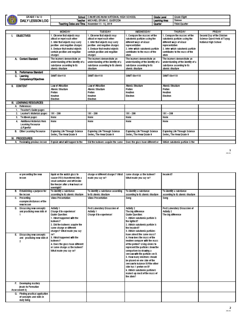 Daily Lesson Log Science Grade 8 | PDF | Matter | Atoms