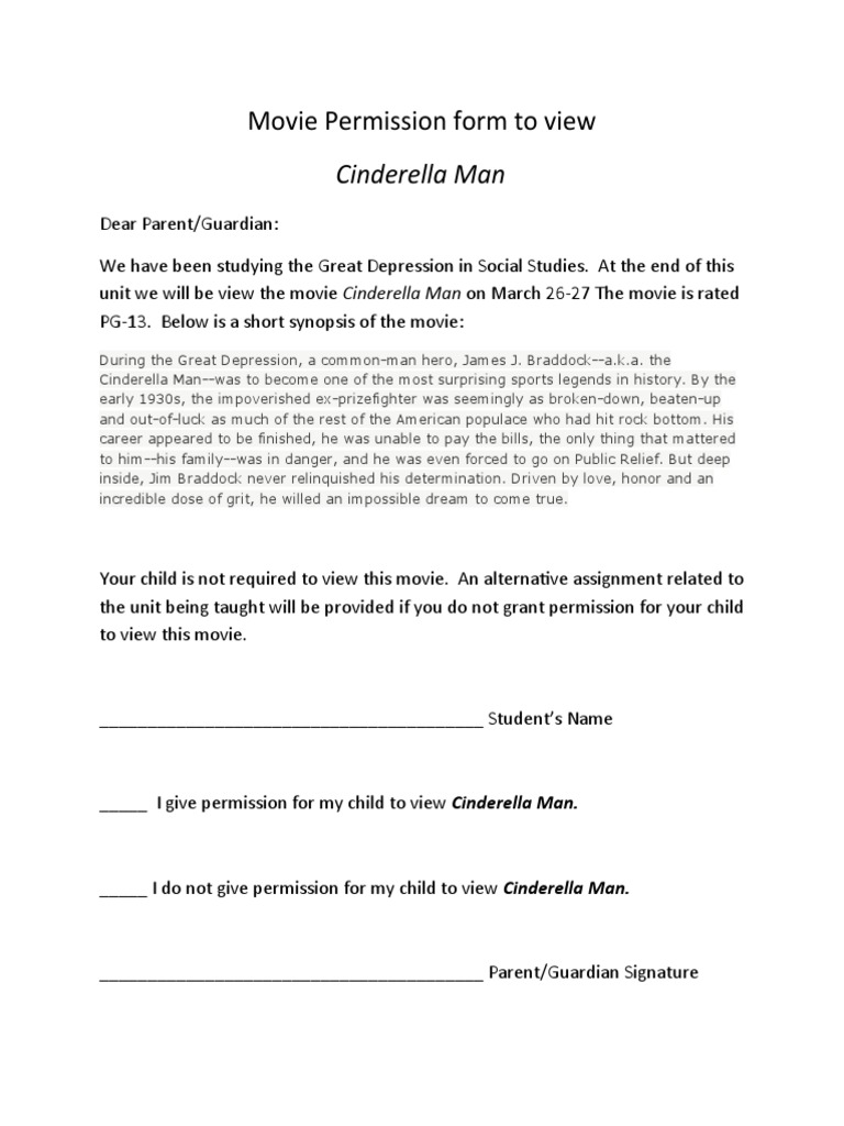 Movie Permission Form To View: Cinderella Man | PDF