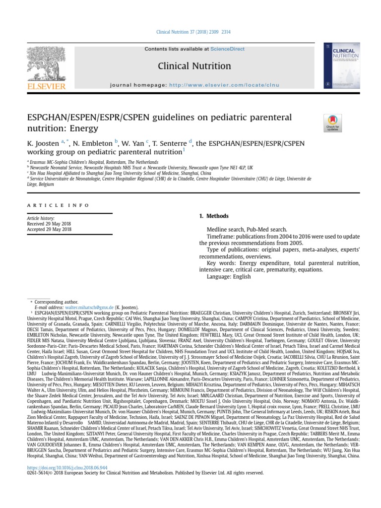 ESPGHAN/ESPEN/ESPR/CSPEN Guidelines On Pediatric Parenteral Nutrition ...