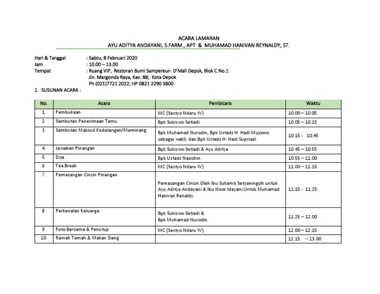 Rundown Acara Lamaran Ayu Dan Hanivan | PDF