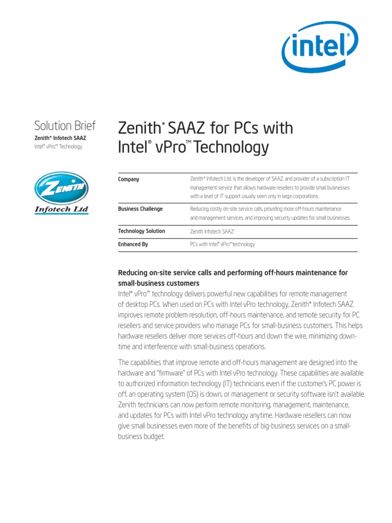 Zenith Saaz For Pcs With Intel Vpro Technology: ® ™ Solution Brief ...