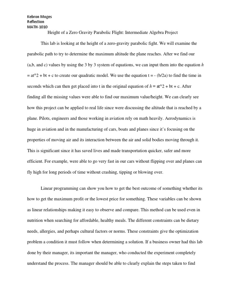 Reflection On Zero Gravity Project | PDF | Equations | Teaching Mathematics