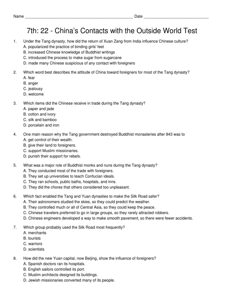 7th Ch22 Exam TCI PDF | PDF | Tang Dynasty | China