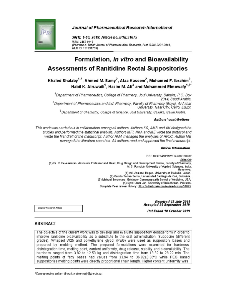 Formulation, in Vitro and Bioavailability Assessments of Ranitidine ...