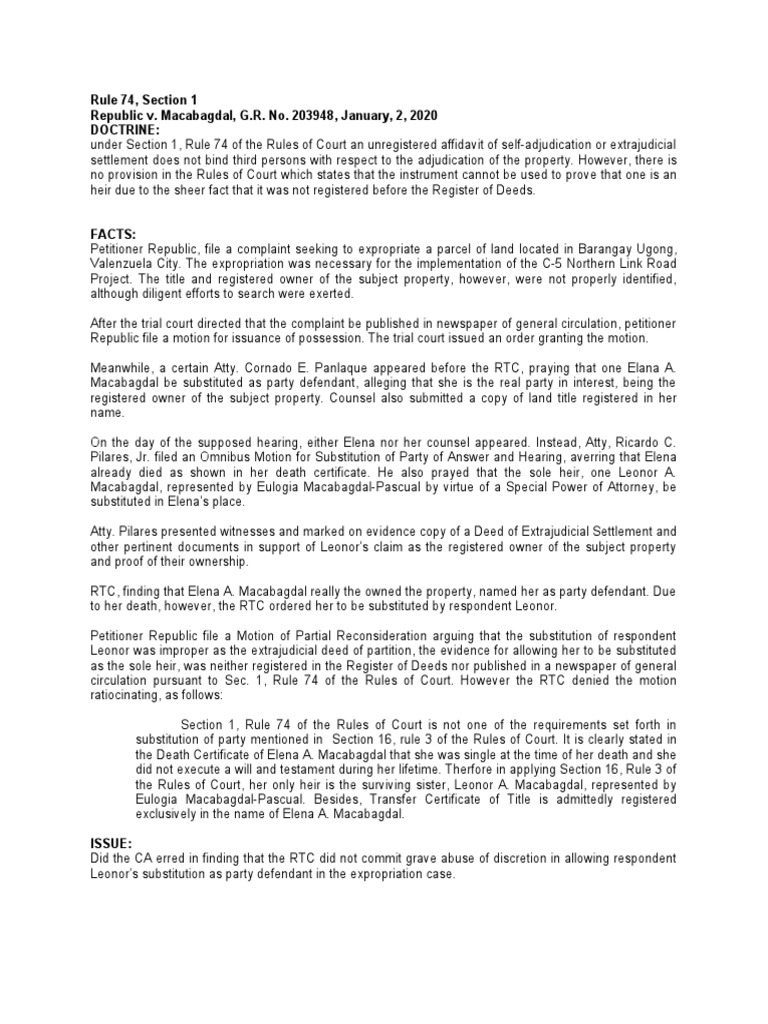 Rule 74, Section 1 Republic v. Macabagdal, G.R. No. 203948, January, 2 ...