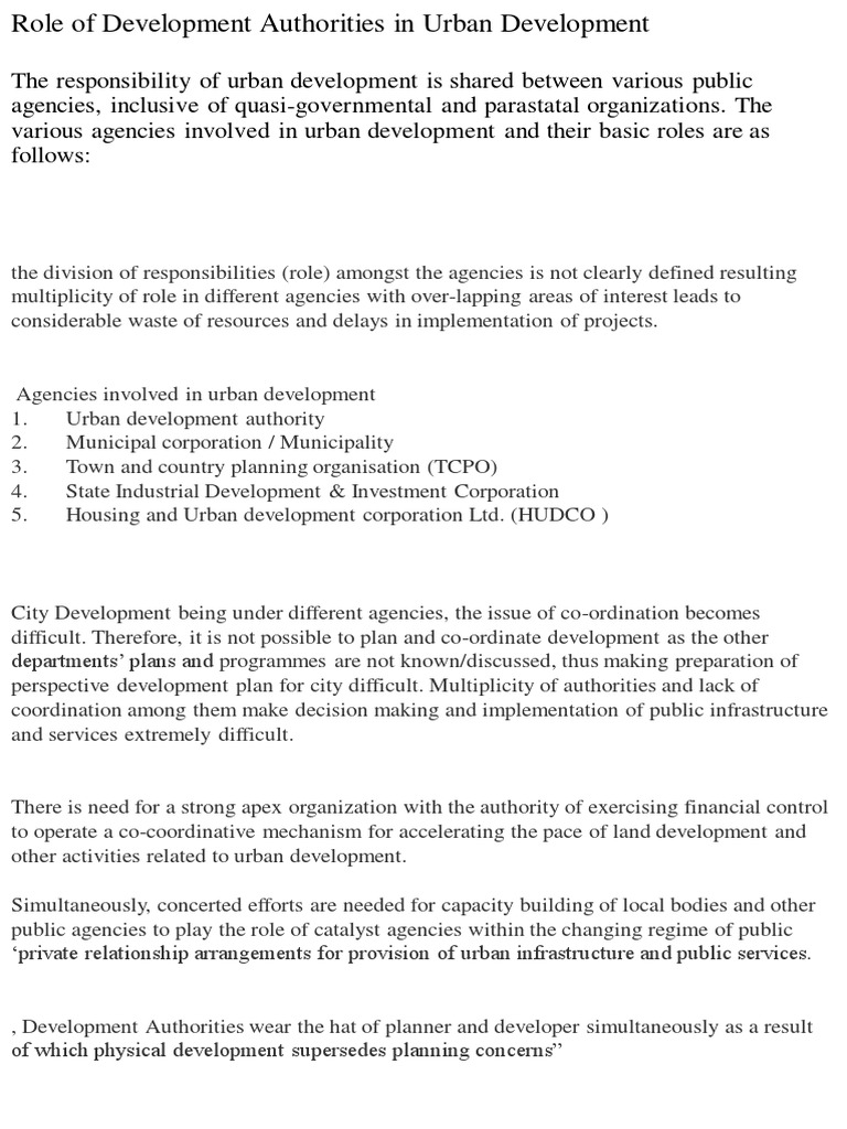 Role of Development Authorities in Urban Development | PDF | Urban ...