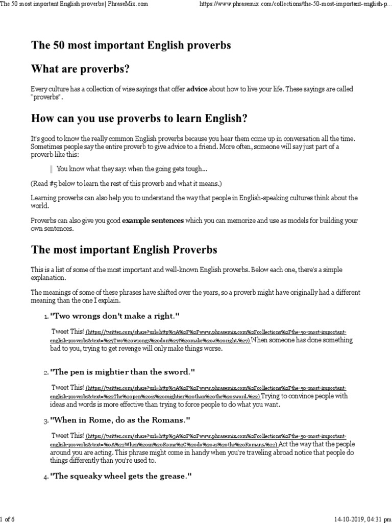 The 50 Most Important English Proverbs - PhraseMix | PDF | Proverb ...