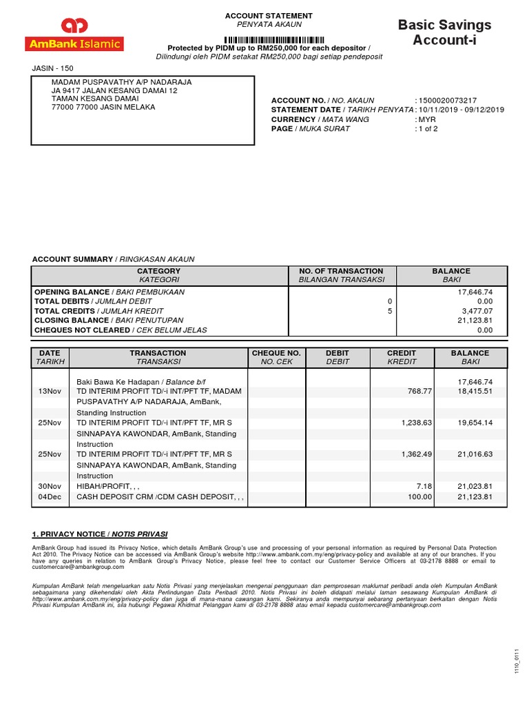 Basic Savings Account-I: Penyata Akaun | PDF | Debits And Credits | Cheque