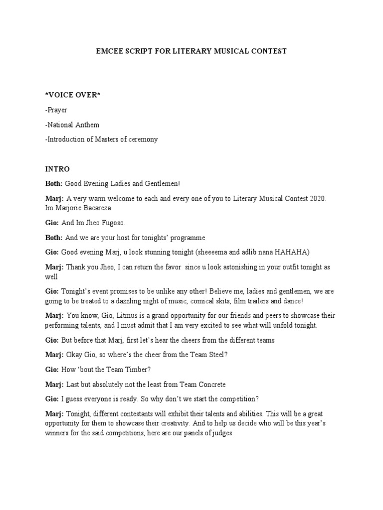 Emcee Script For Literary Musical Contest | PDF