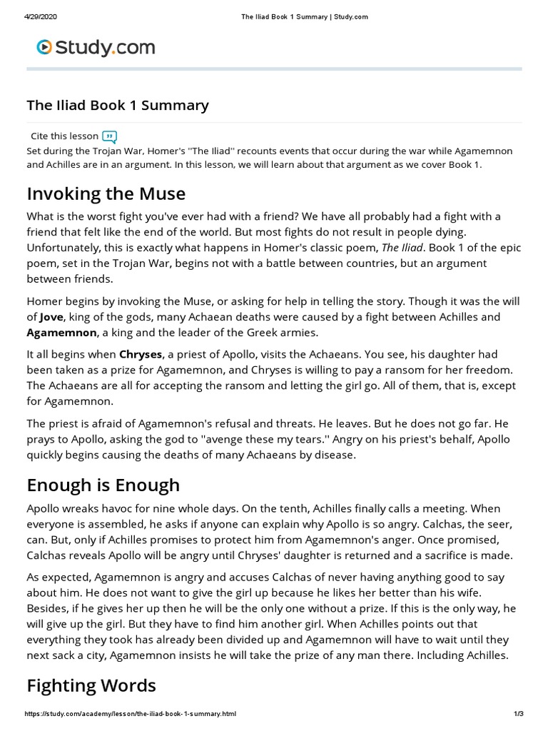 Summary of The Iliad Book 1 | PDF | Iliad | Agamemnon
