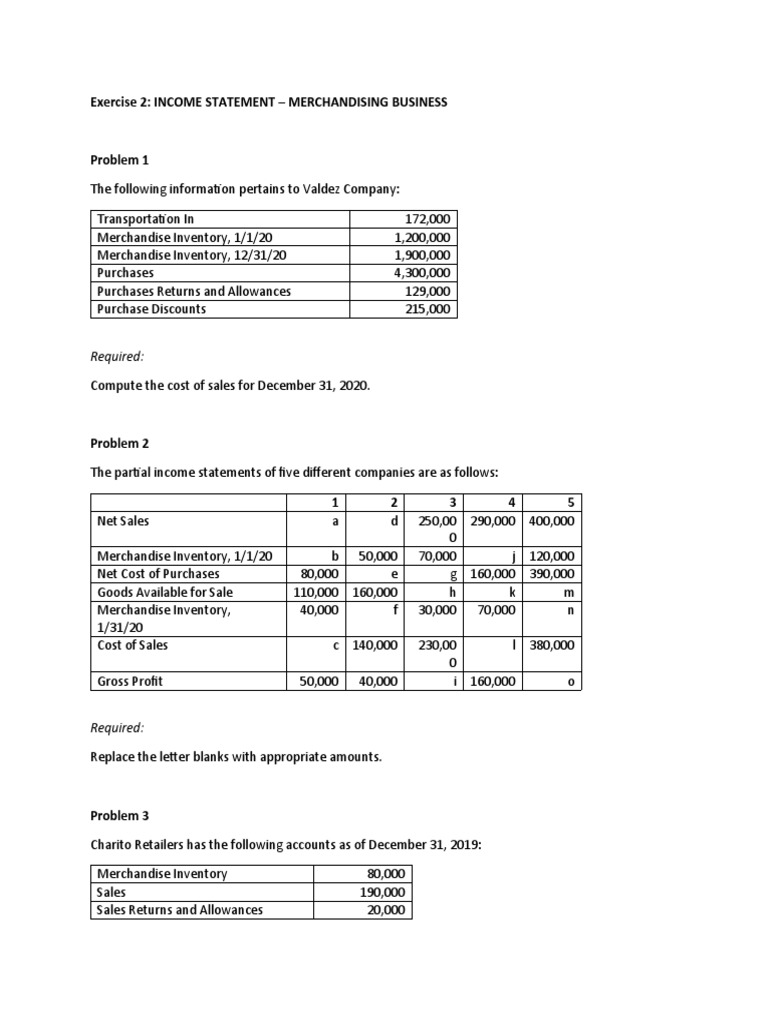 Income Statement Exercises for Merchandising | PDF | Merchandising ...