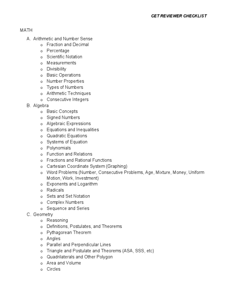 CET Exam Reviewer Checklist | PDF | Numbers | Electron Configuration