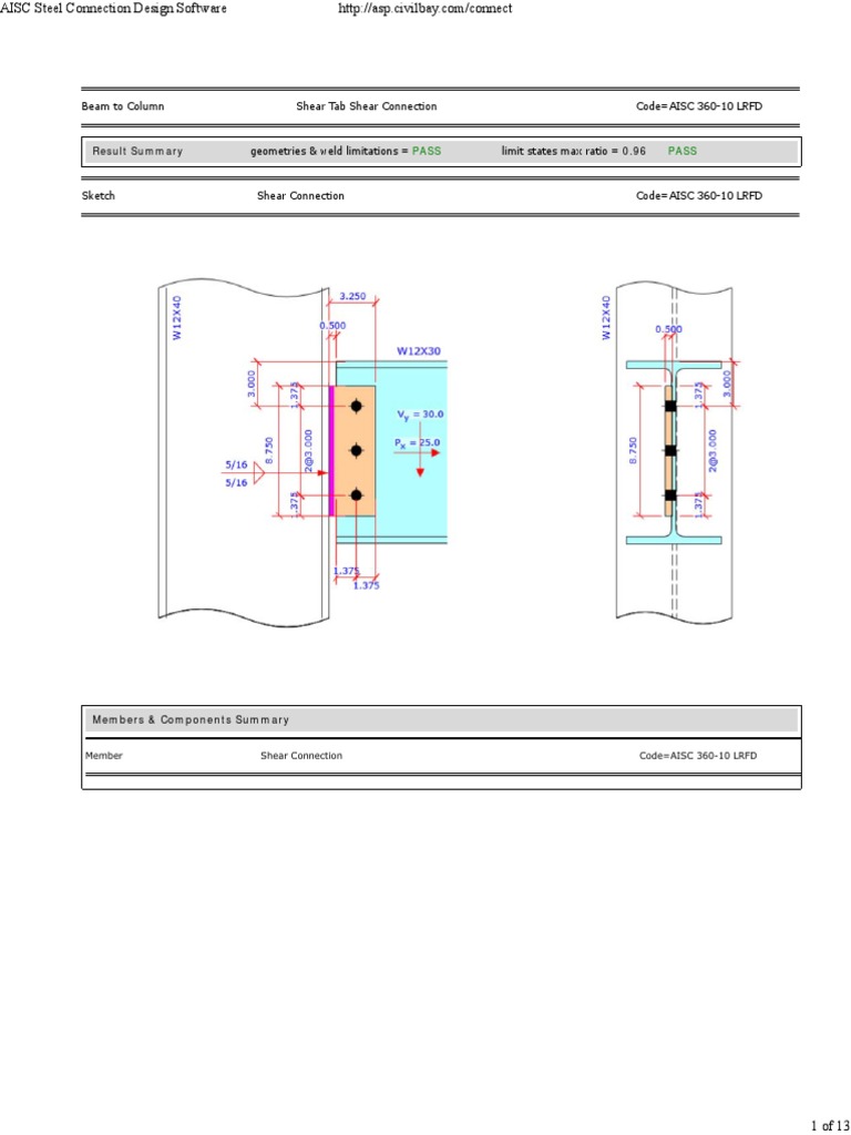 Result Summary: Beam To Column Shear Tab Shear Connection Code AISC 360 ...