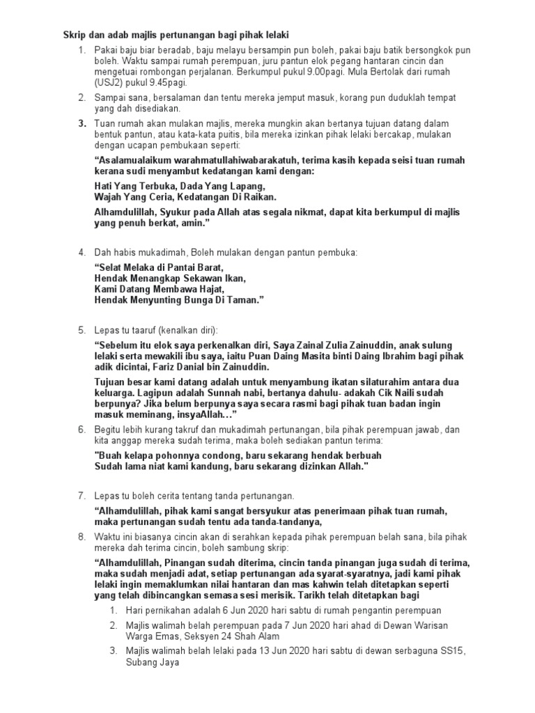 Skrip Majlis Pertunangan Pihak Lelaki