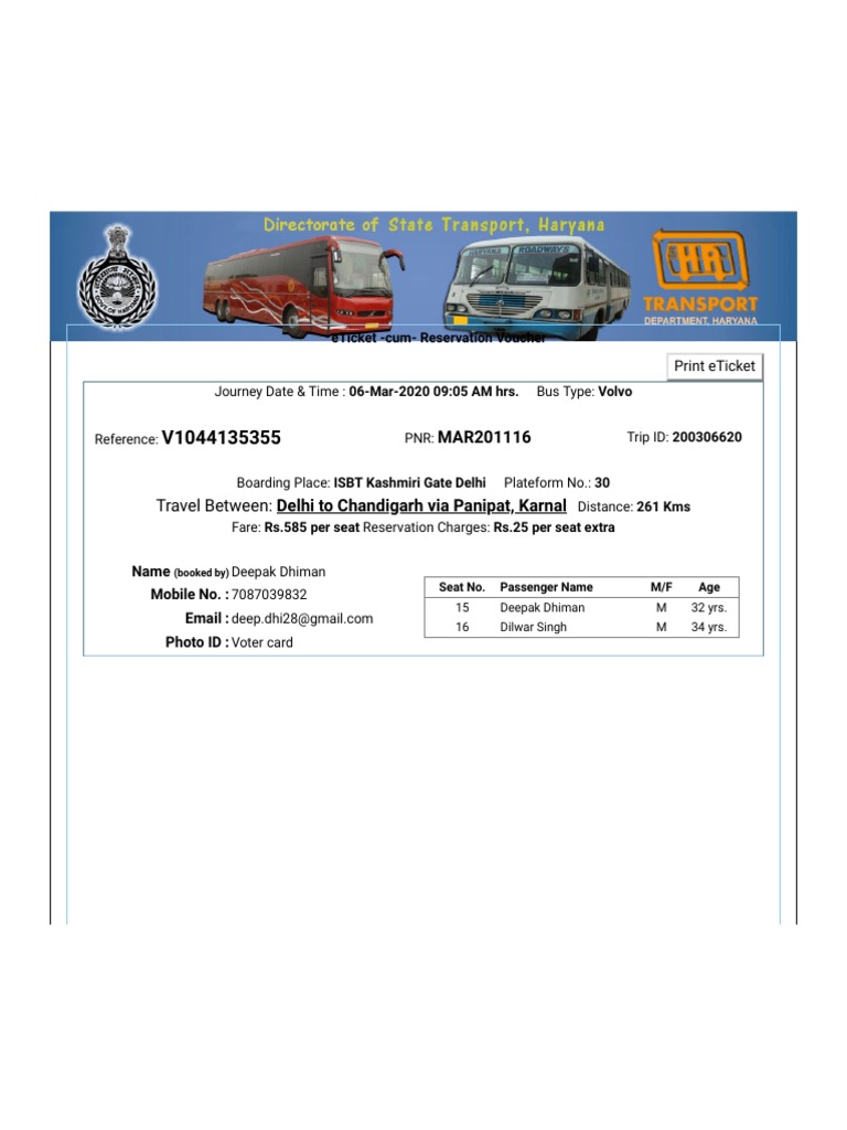 Haryana Roadways eTicket Details | PDF | Ticket (Admission) | Identity ...