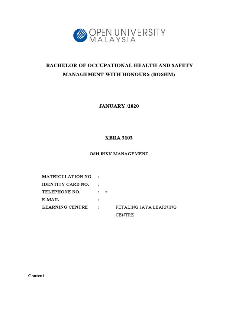 XBRA 3103 OSH Risk Management Assignment Jan 2020 V1 | PDF | Risk ...