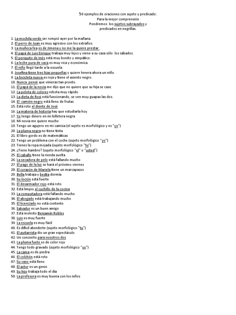 50 Ejemplos de Oraciones Con Sujeto y PR | PDF | Predicado (Gramática ...