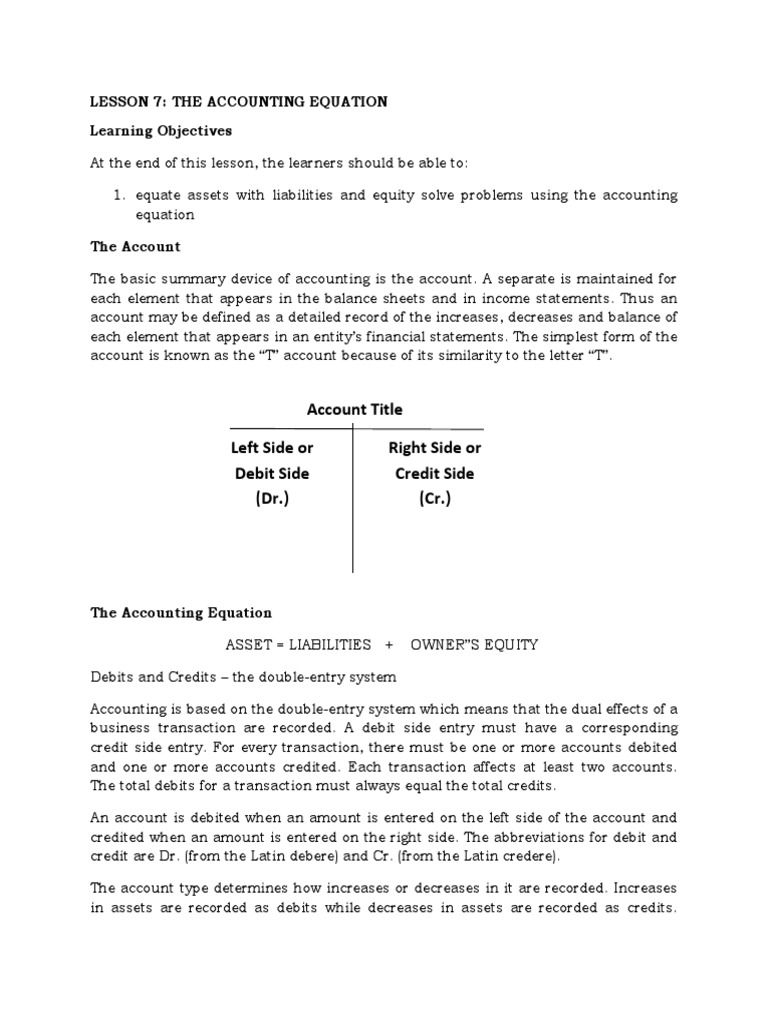 LESSON 7 The Accounting Equation | PDF | Debits And Credits | Financial ...