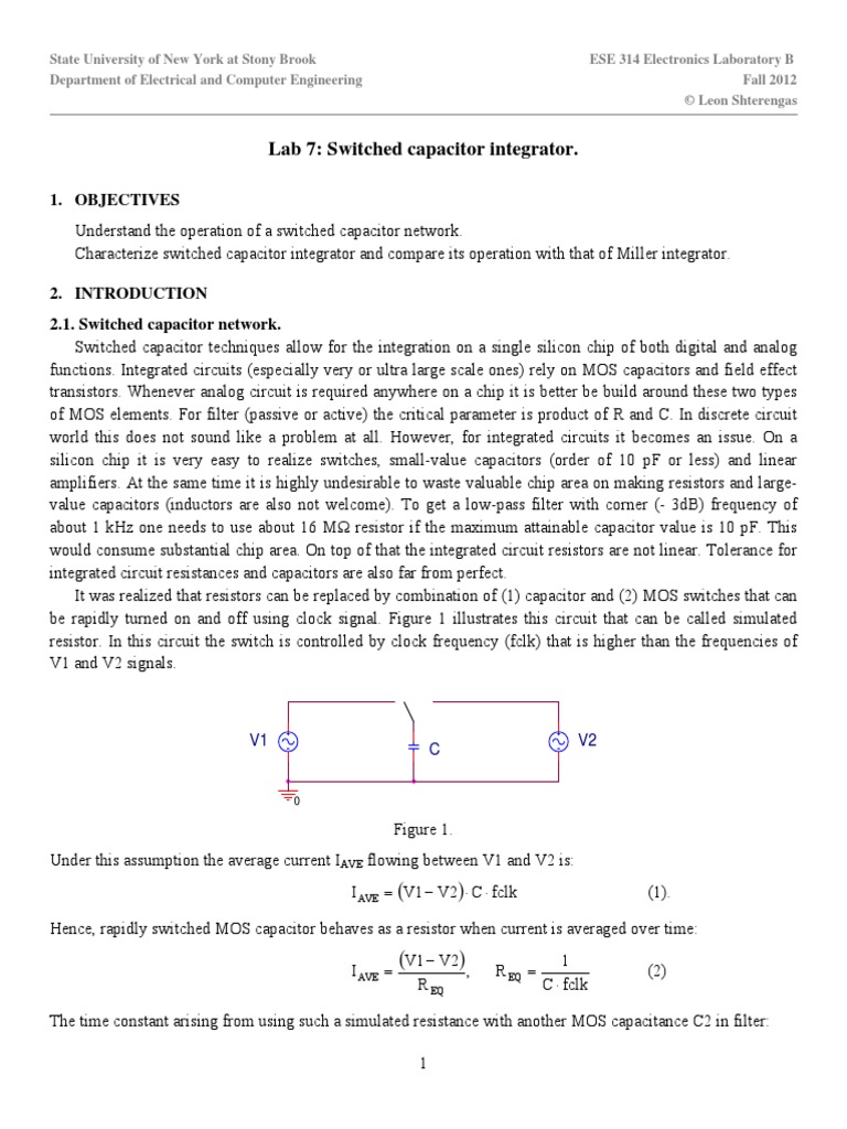 Lab 7: Switched Capacitor Integrator.: 1. Objectives | PDF | Electrical ...