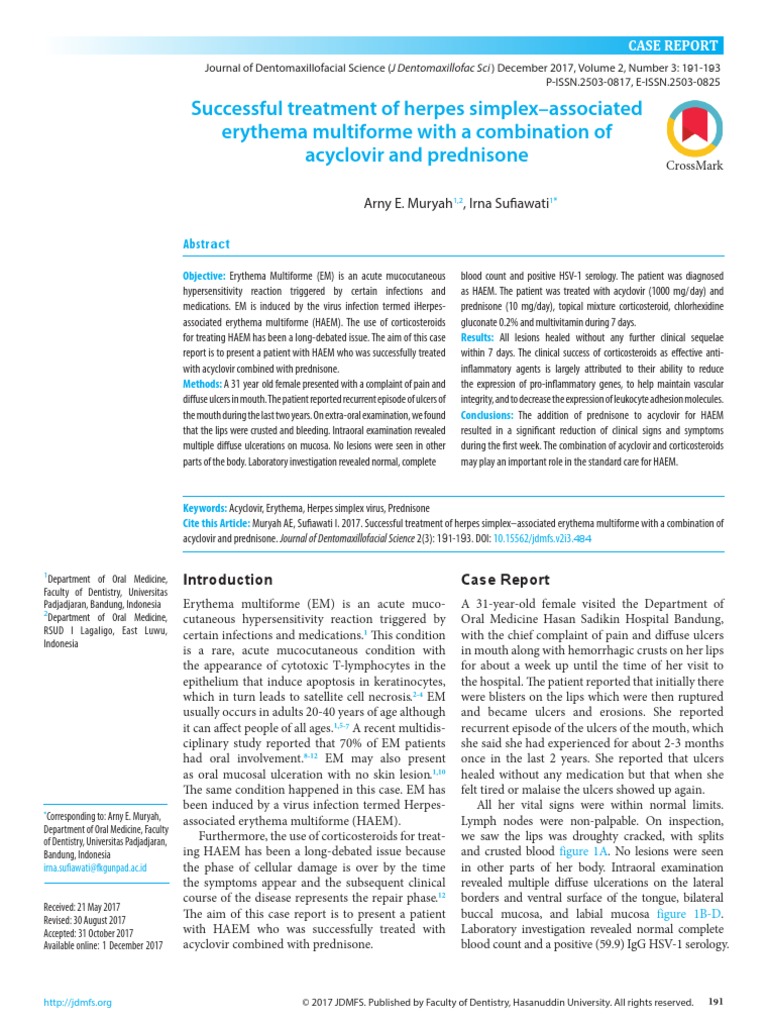 Successful Treatment of Herpes Simplex-Associated Erythema Multiforme ...