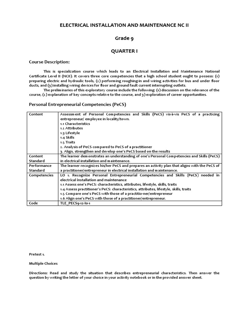 Electrical Installation and Maintenance NC Ii Grade 9 Quarter I | PDF ...