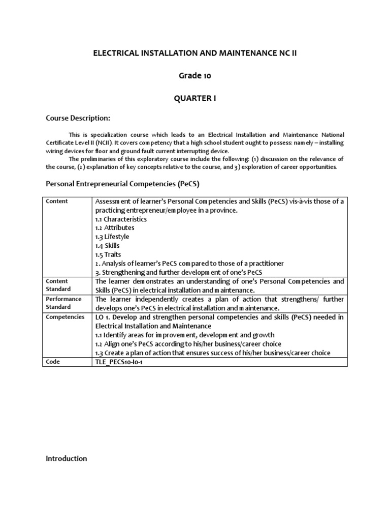 Electrical Installation and Maintenance NC Ii Grade 10 Quarter I | PDF ...