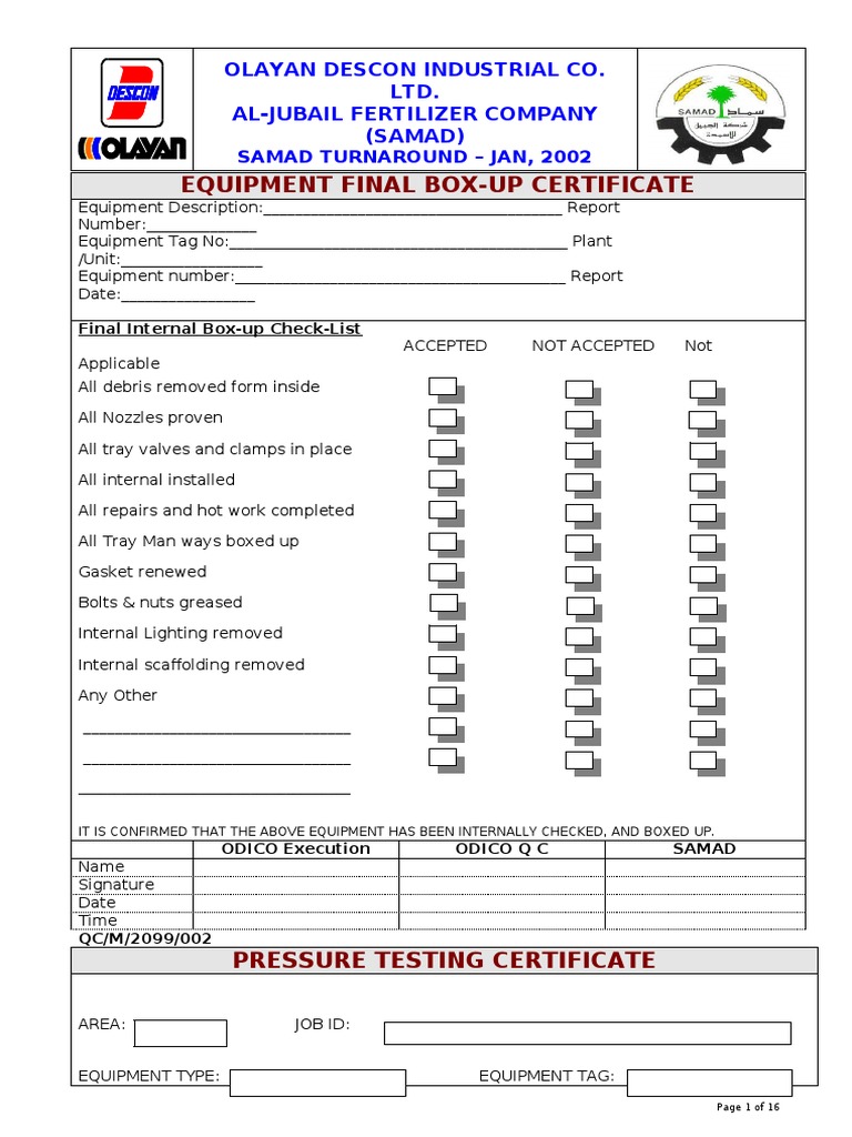 Equipment Final Box-Up Certificate: Olayan Descon Industrial Co. Ltd. Al-Jubail Fertilizer ...