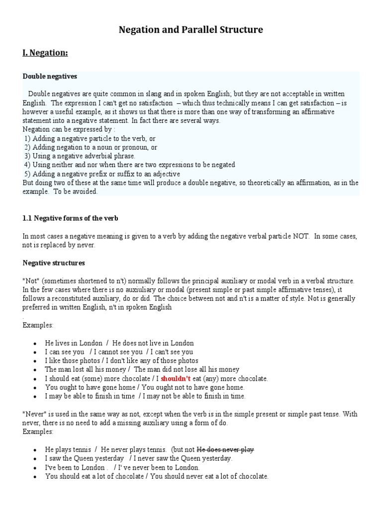 Negation and Parallel Structure | PDF | Verb | English Grammar
