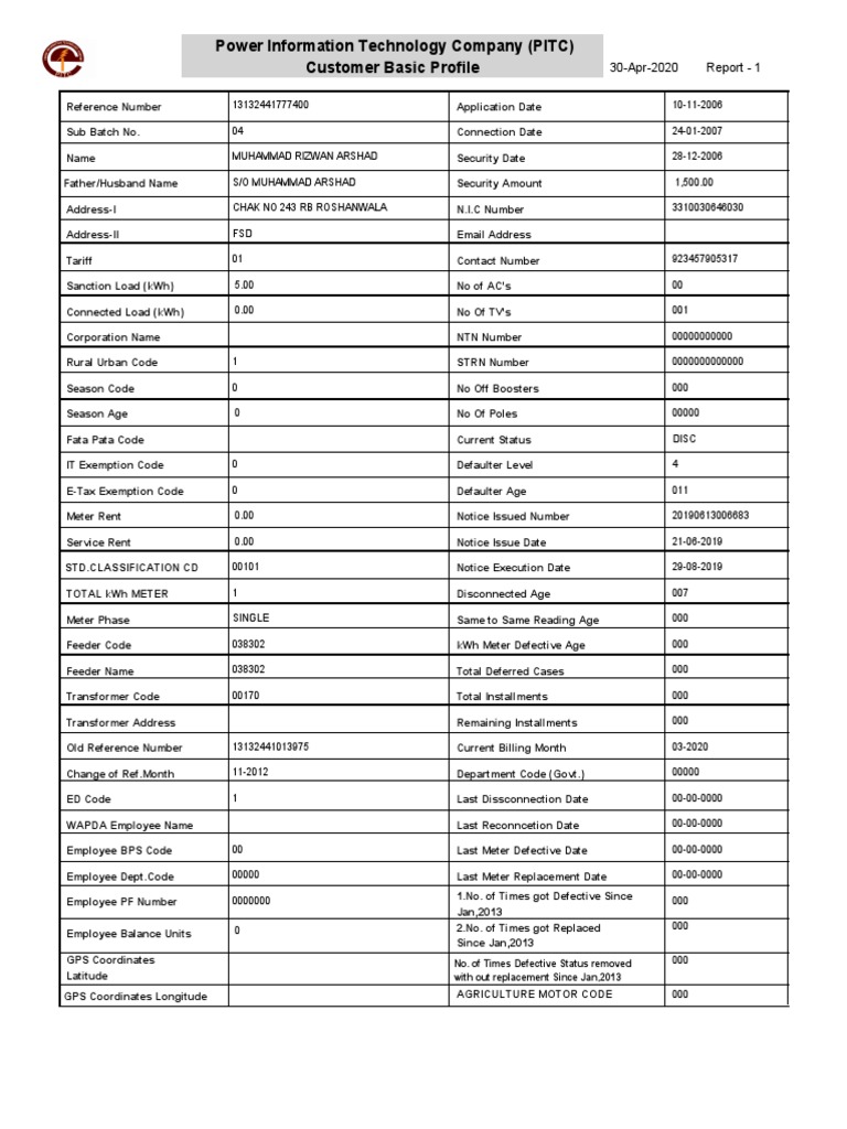 PITC Customer Basic Profile Report | PDF | Power (Physics ...