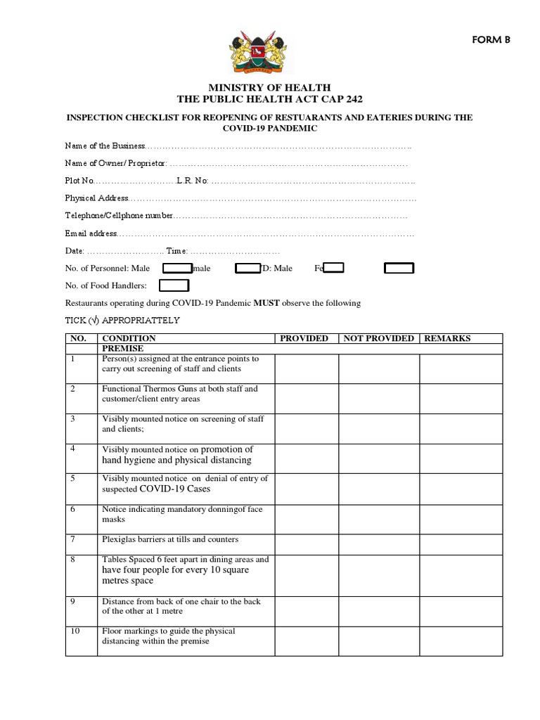 FORM B Inspection Checklist | PDF | Hand Washing | Hygiene