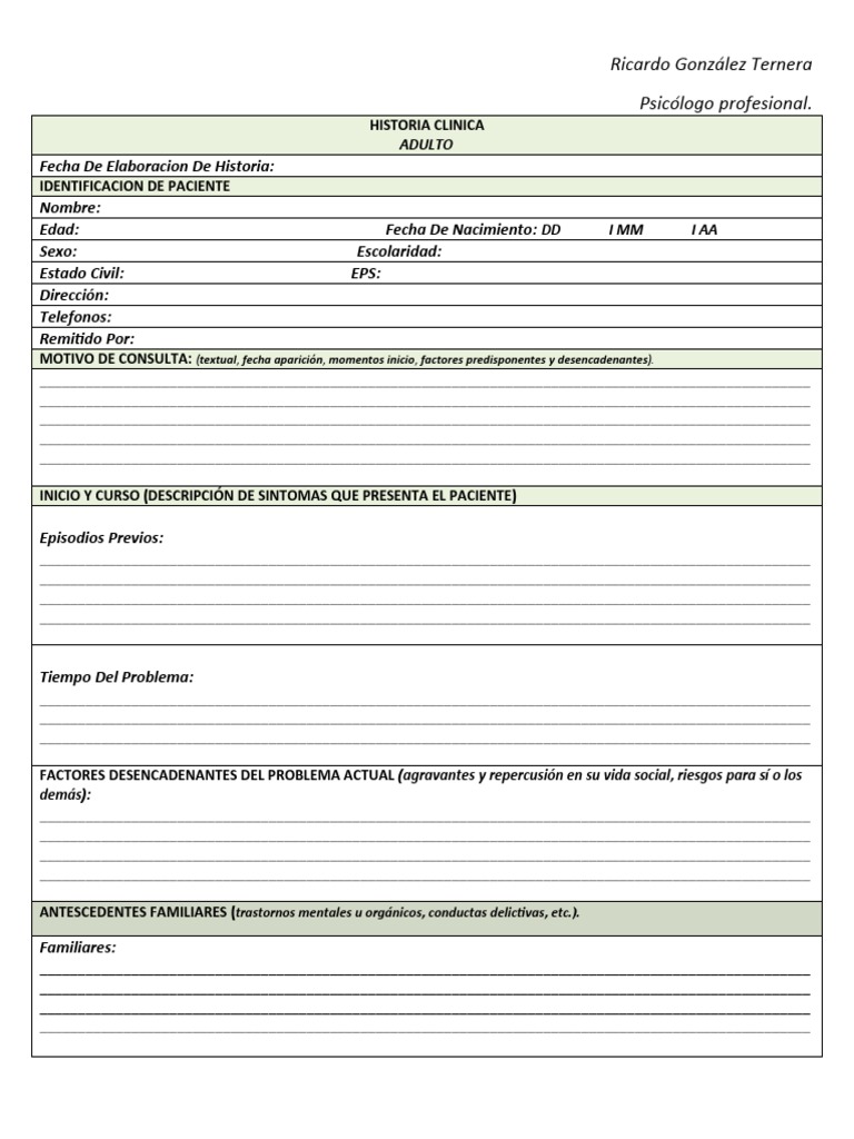 Historia Clinica Adulto | PDF | Diagnostico medico | Psicología anormal
