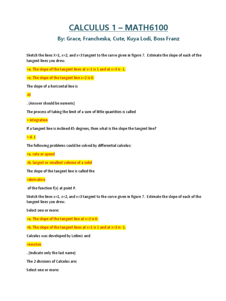 Calculus 1 Quiz1 Finals Version 1 PDF | PDF | Maxima And Minima | Tangent