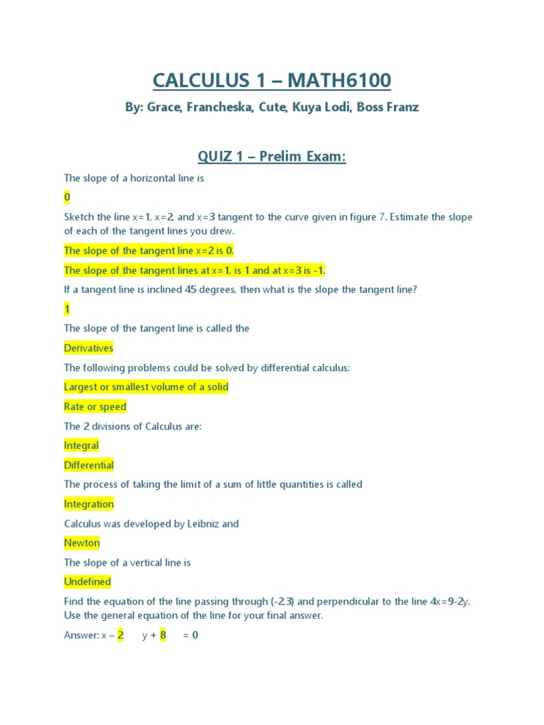 Calculus 1 Quiz and Exam Solutions | PDF | Maxima And Minima | Tangent