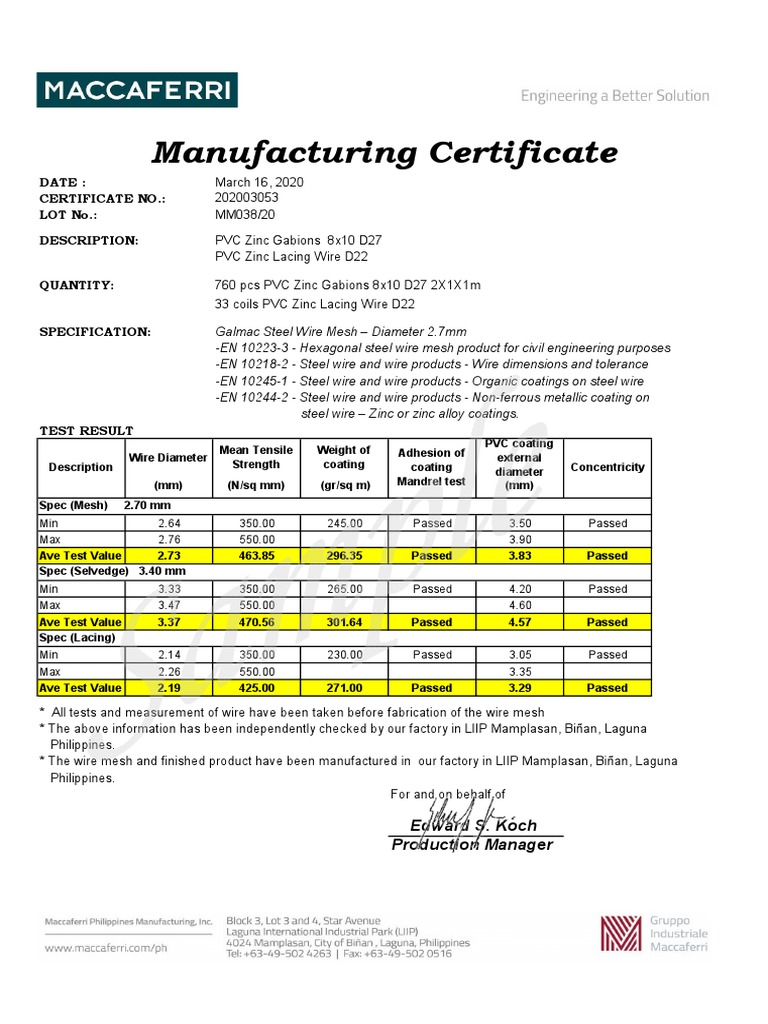 Manufacturing Certificate: Edward S. Koch Production Manager | PDF ...