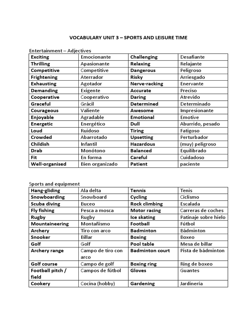 Sports and Leisure Vocabulary Guide | PDF | Recreation | Individual Sports