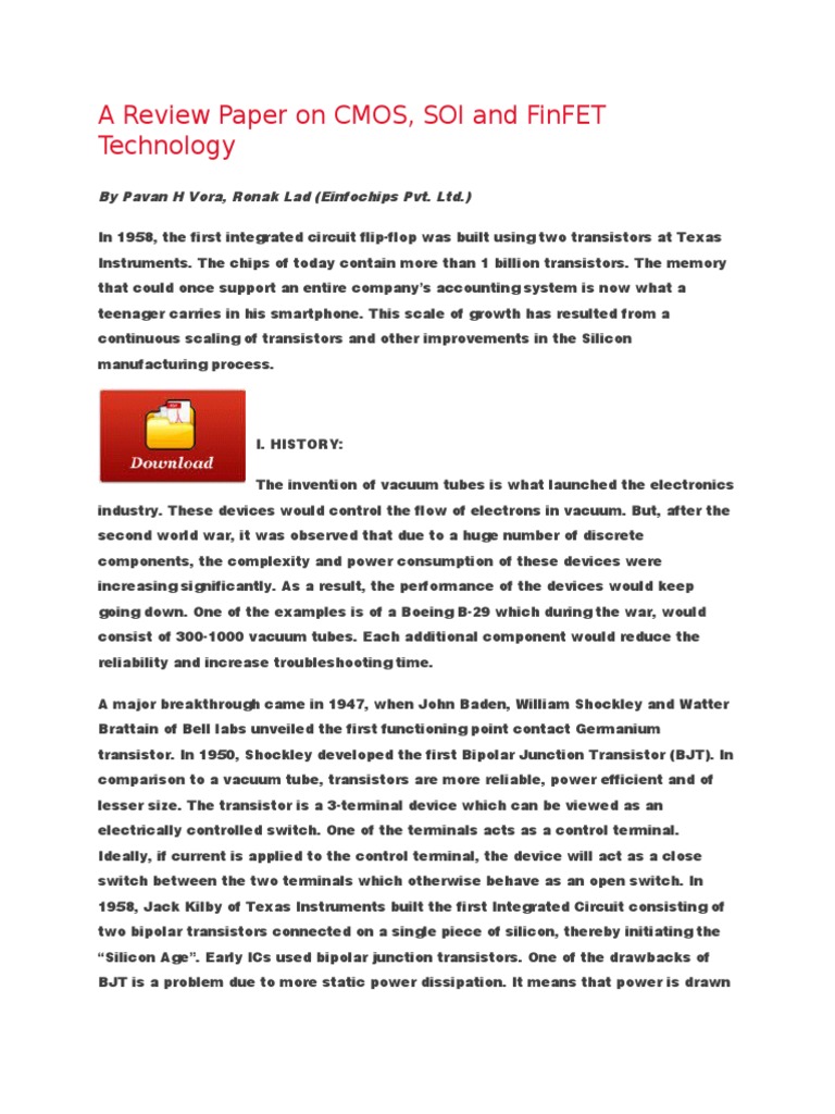 A Review Paper On Cmos, Soi and Finfet Technology | PDF | Field Effect ...