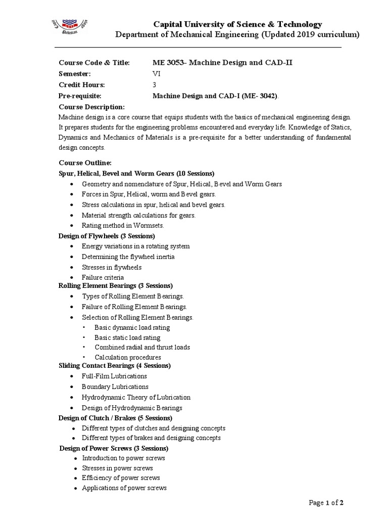 MD and CAD II - Outline - 2019 | PDF | Gear | Bearing (Mechanical)